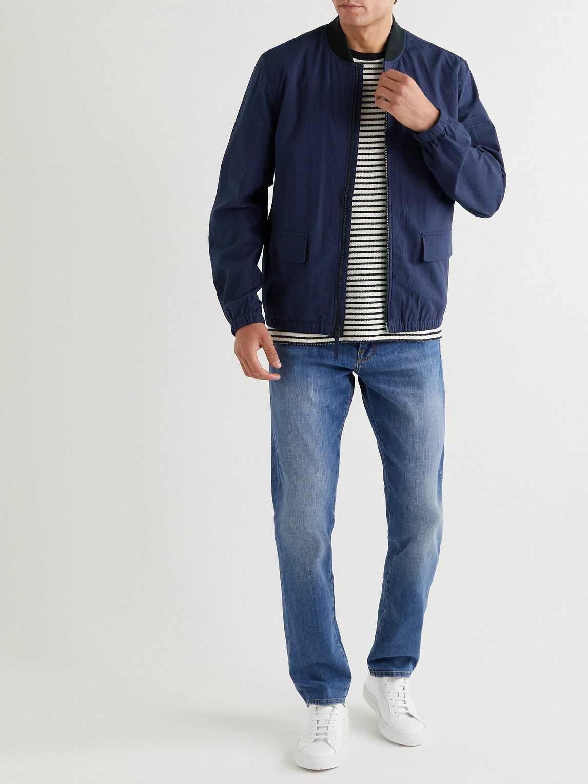 Club Monaco - Cotton-Blend Seersucker Bomber Jacket - Blue Club Monaco