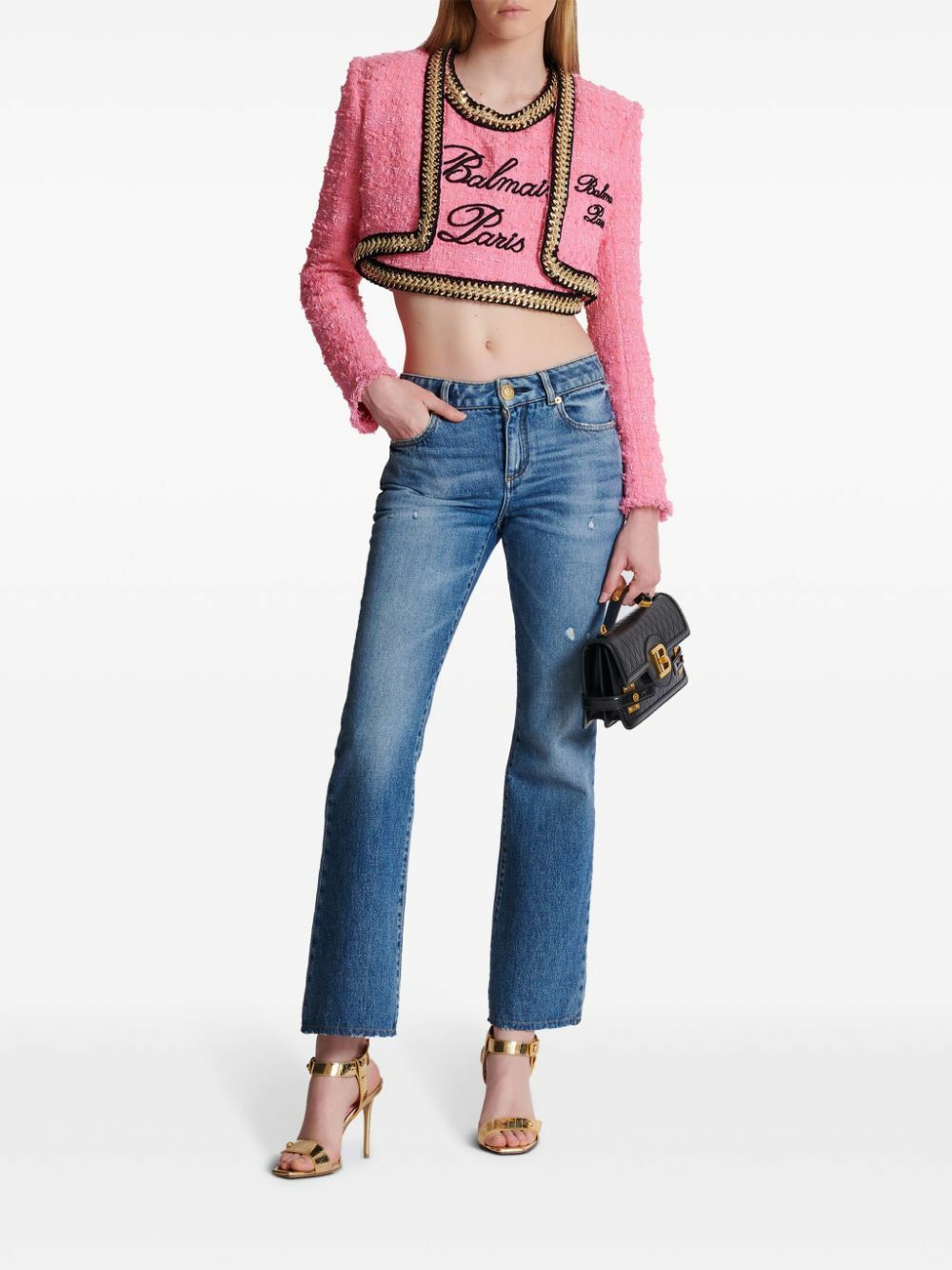 Balmain Pink Logo-Embroidered Tweed Crop Top Balmain