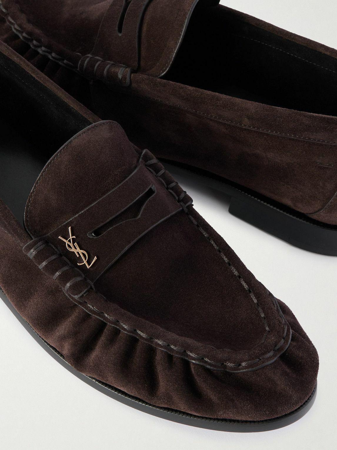 SAINT LAURENT - Le Loafer Monogram Logo-Appliquéd Suede Penny Loafers ...