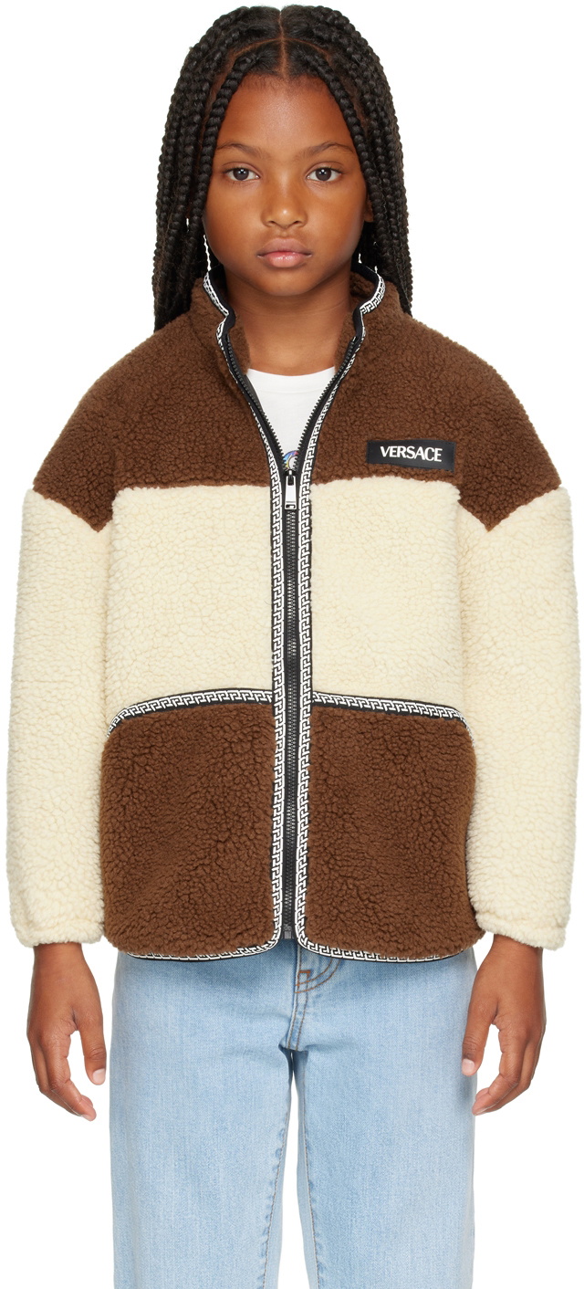 Versace Kids Brown & Off-White Faux-Shearling Greca Jacket Versace