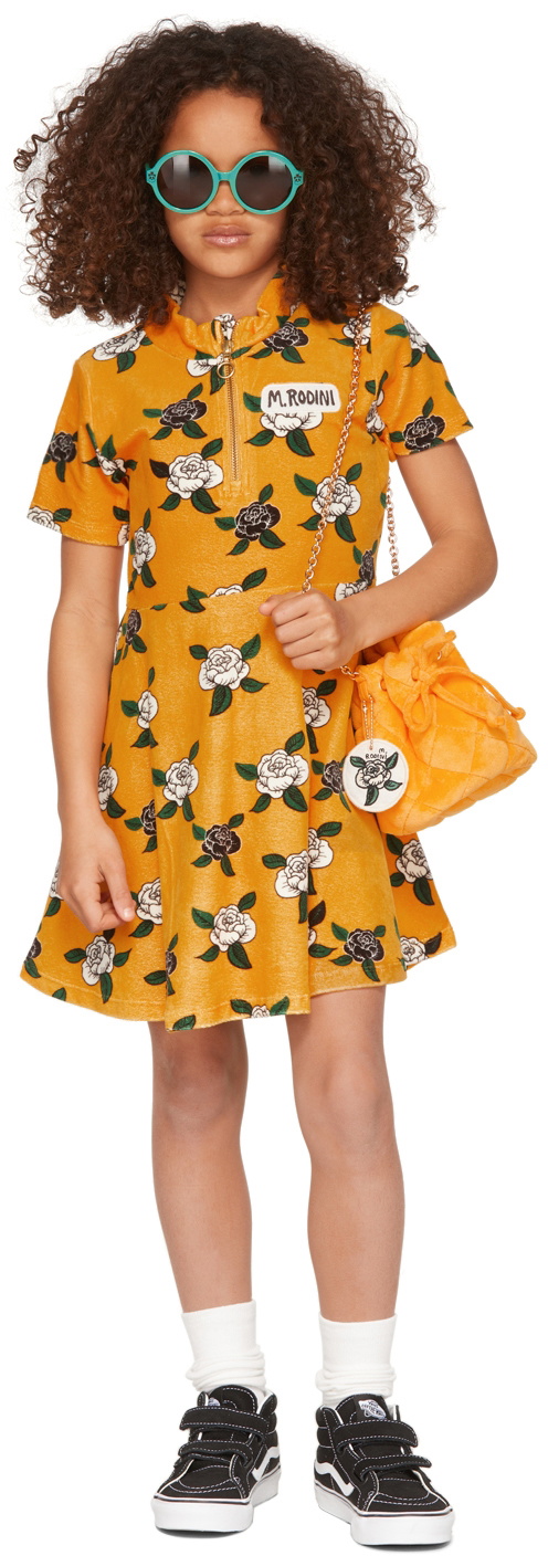 Mini Rodini Kids Yellow Velour Rose Dress Mini Rodini