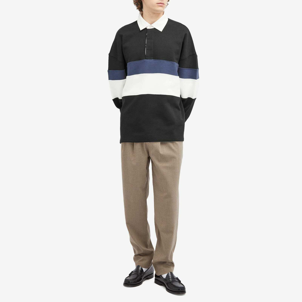 Wax London Men's Bow Stripe Rugby Shirt in Black/Navy Wax London