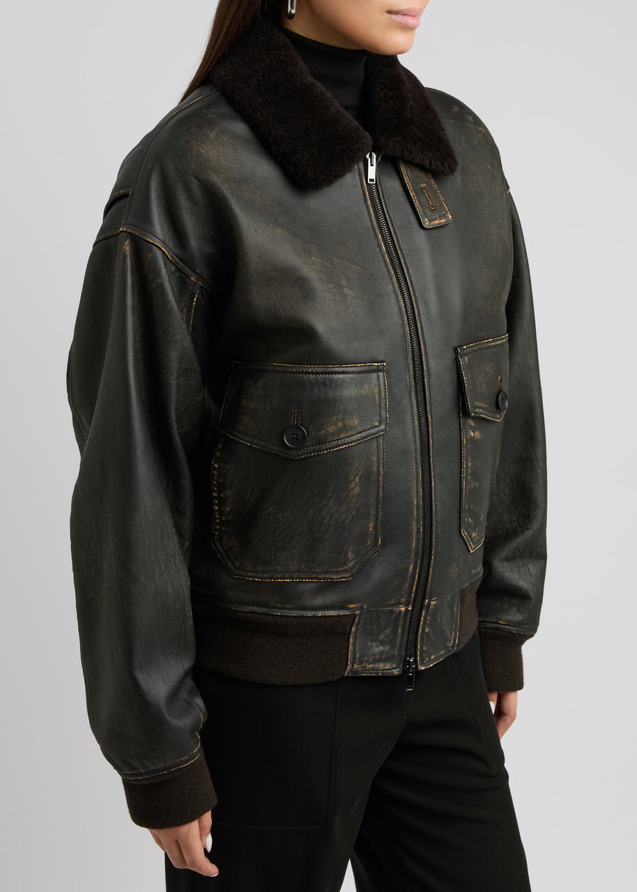 The Row Adonis Shearling-trimmed Distressed Leather Jacket Black The Row