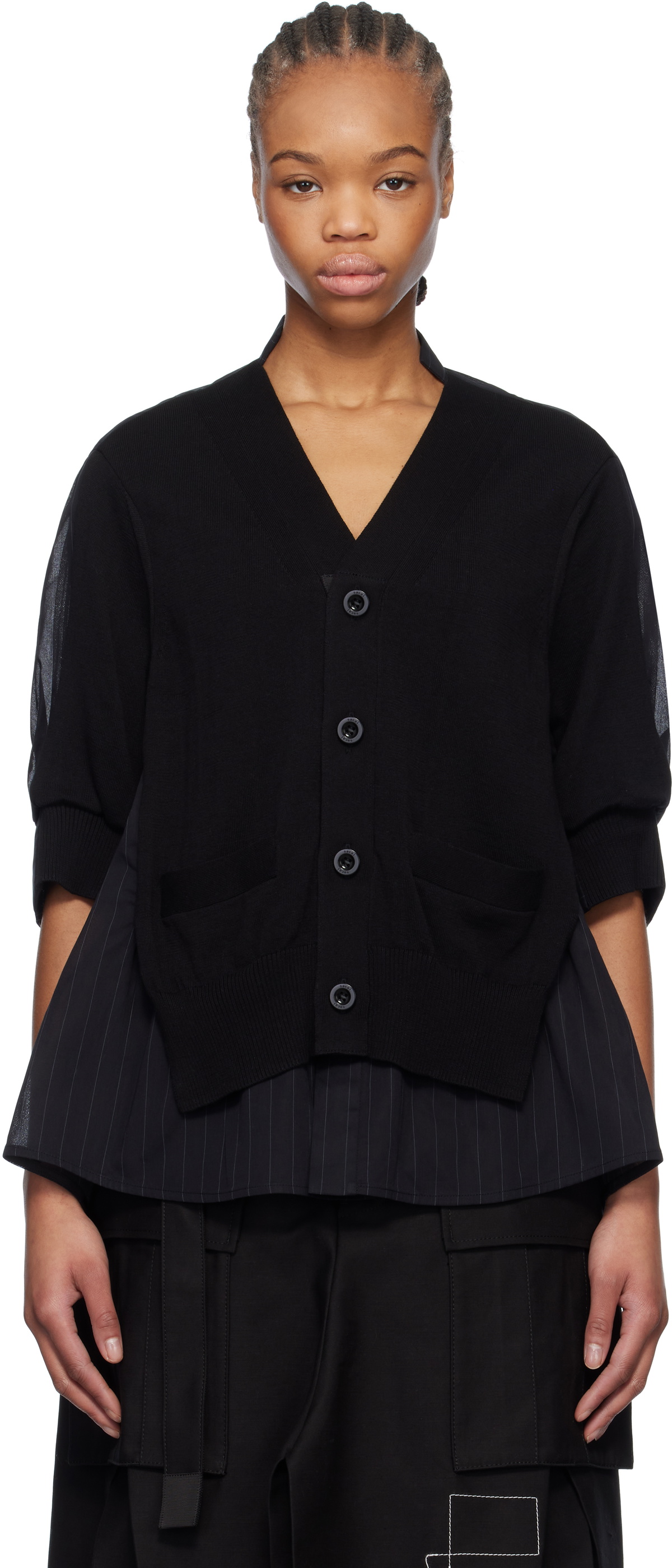 sacai Black High Twist Voile & Knit Cardigan Sacai