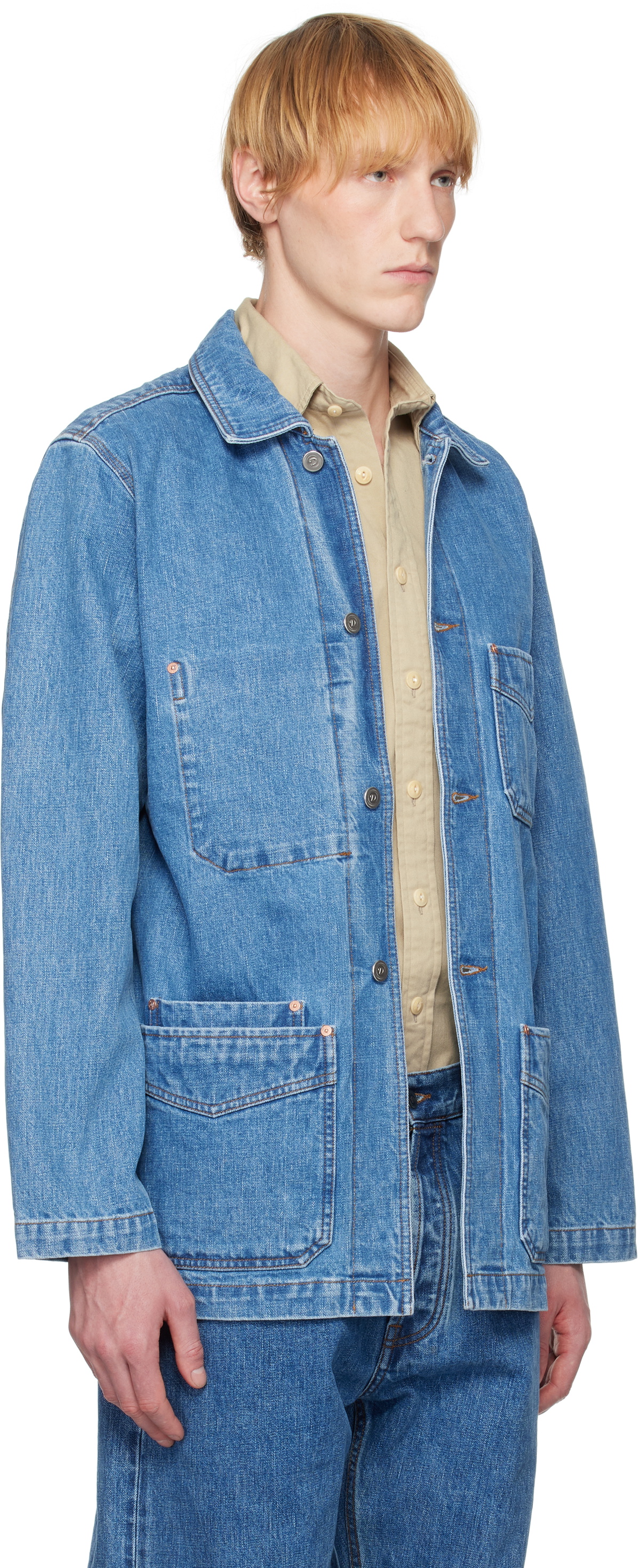 Drake's Blue Bleach Selvedge Denim Chore Jacket Drake's