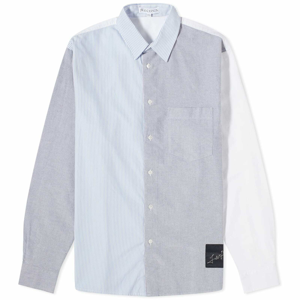 JW Anderson Men's Fun Mix Patch Work Shirt in Light Blue/Grey JW Anderson