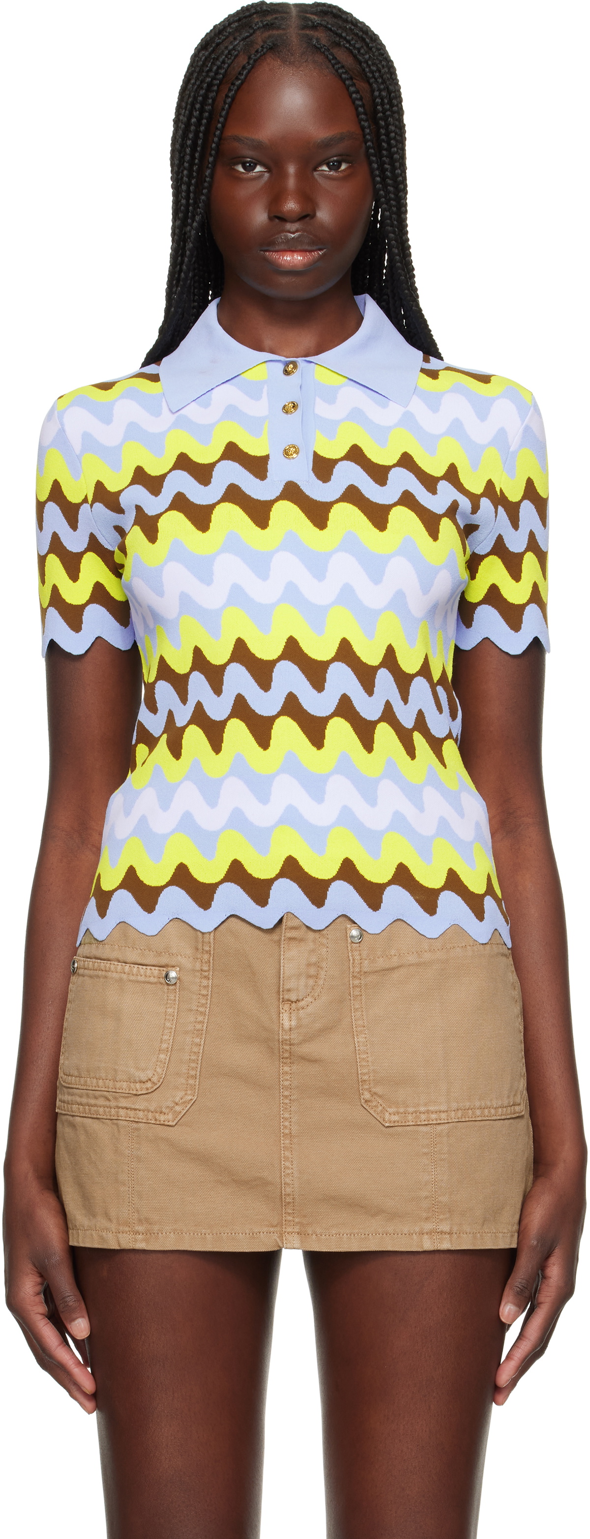 Versace Multicolor Wave Jacquard Knit Fitted Polo Versace