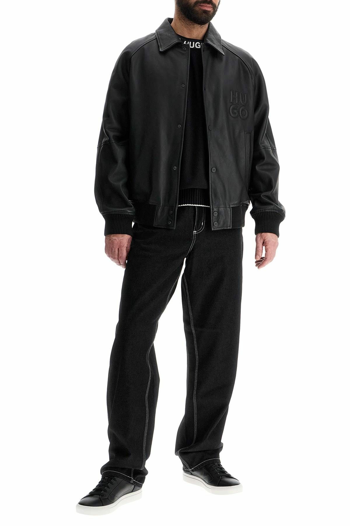 HUGO black wide crew neck sweater for men with buttons Black Hugo Boss