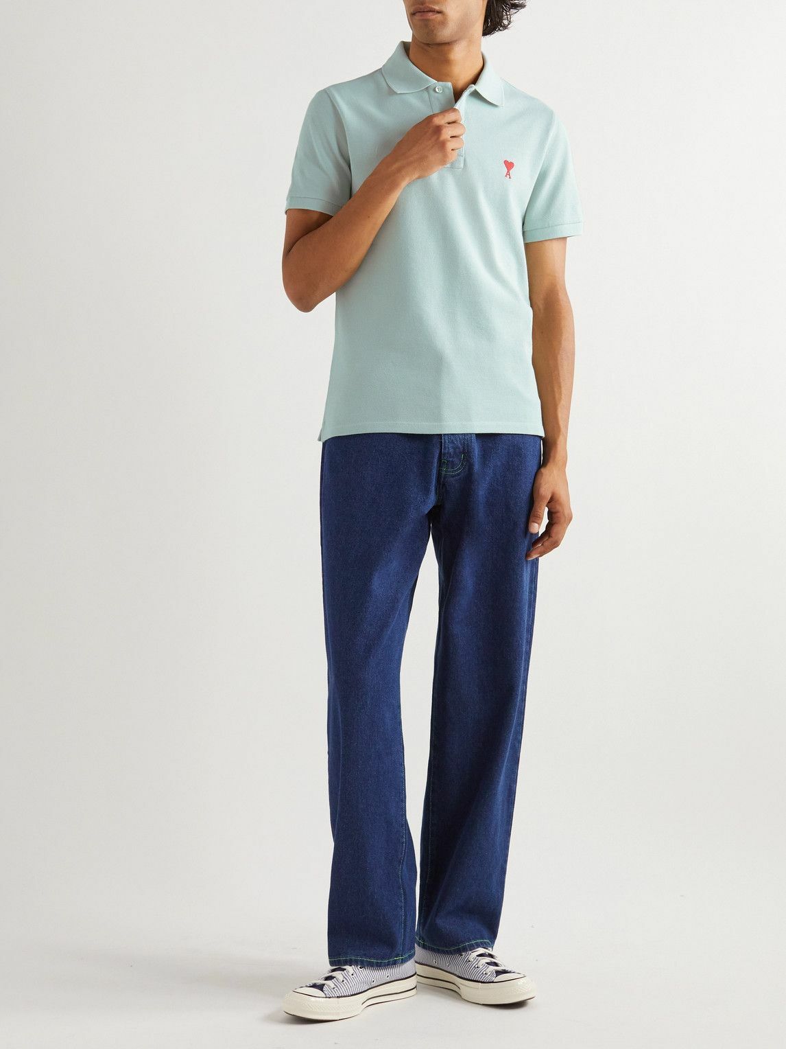 AMI PARIS - Logo-Embroidered Cotton-Piqué Polo Shirt - Green AMI