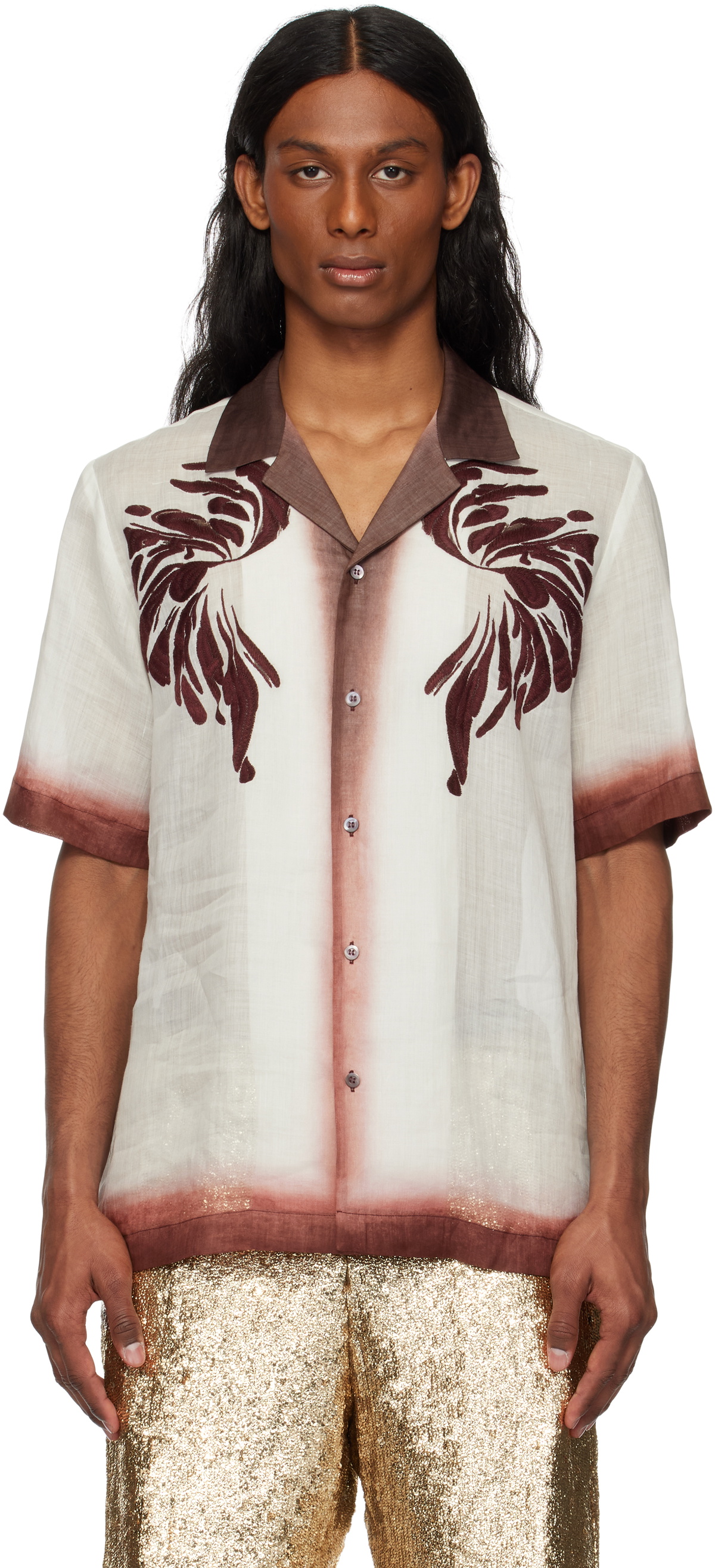 Dries Van Noten Off-White & Burgundy Embroidered Shirt Dries Van Noten