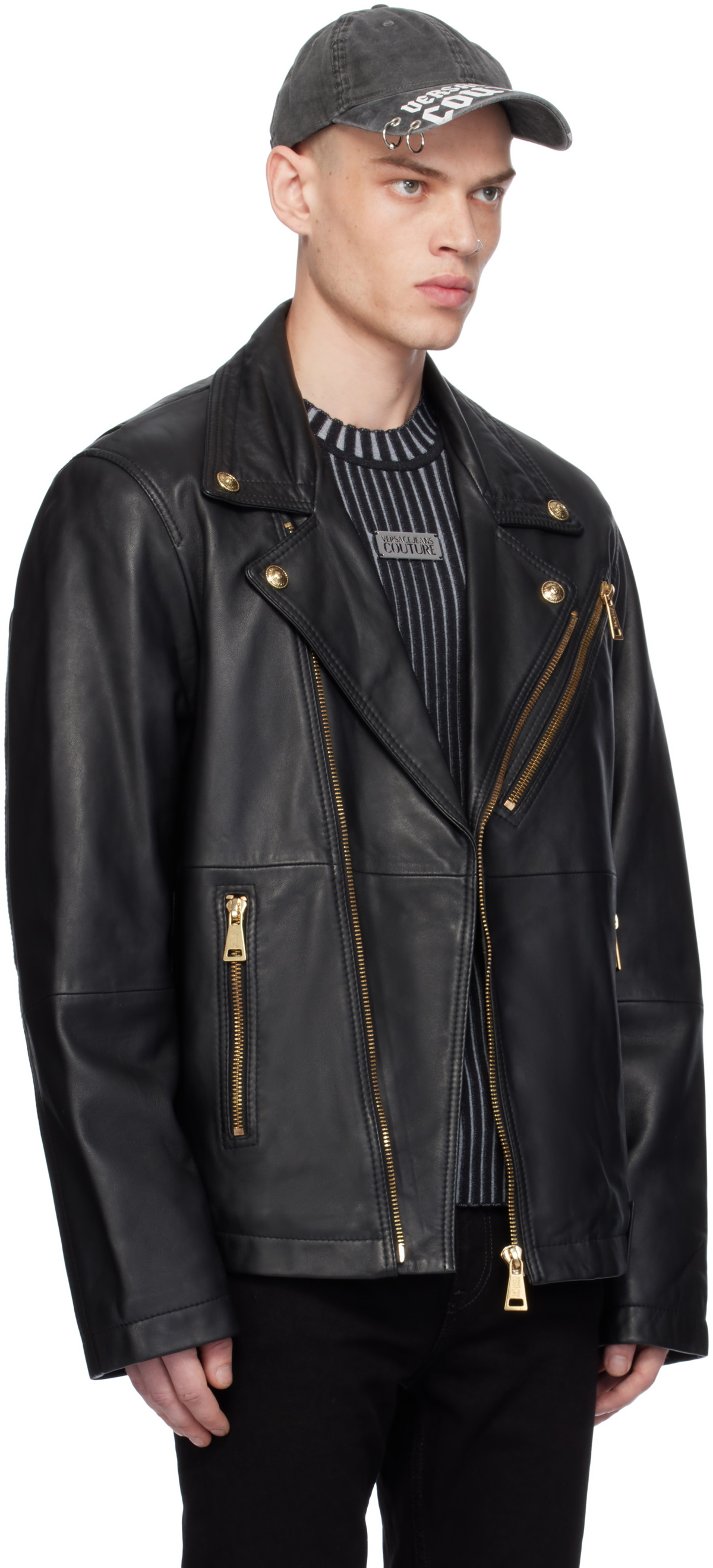 Versace Jeans Couture Black Grained Leather Biker Jacket Versace
