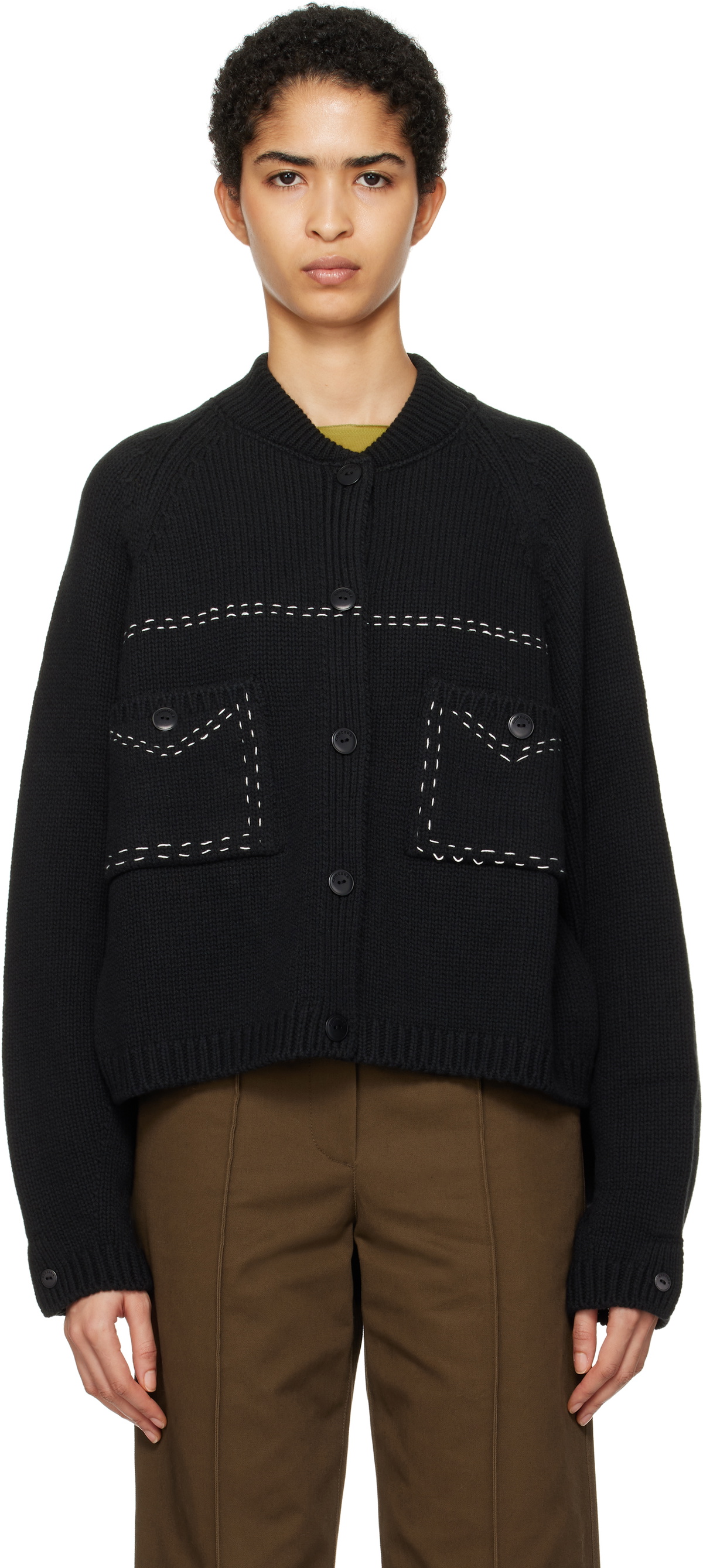 Cordera Black Merino Wool Stitched Cardigan CORDERA