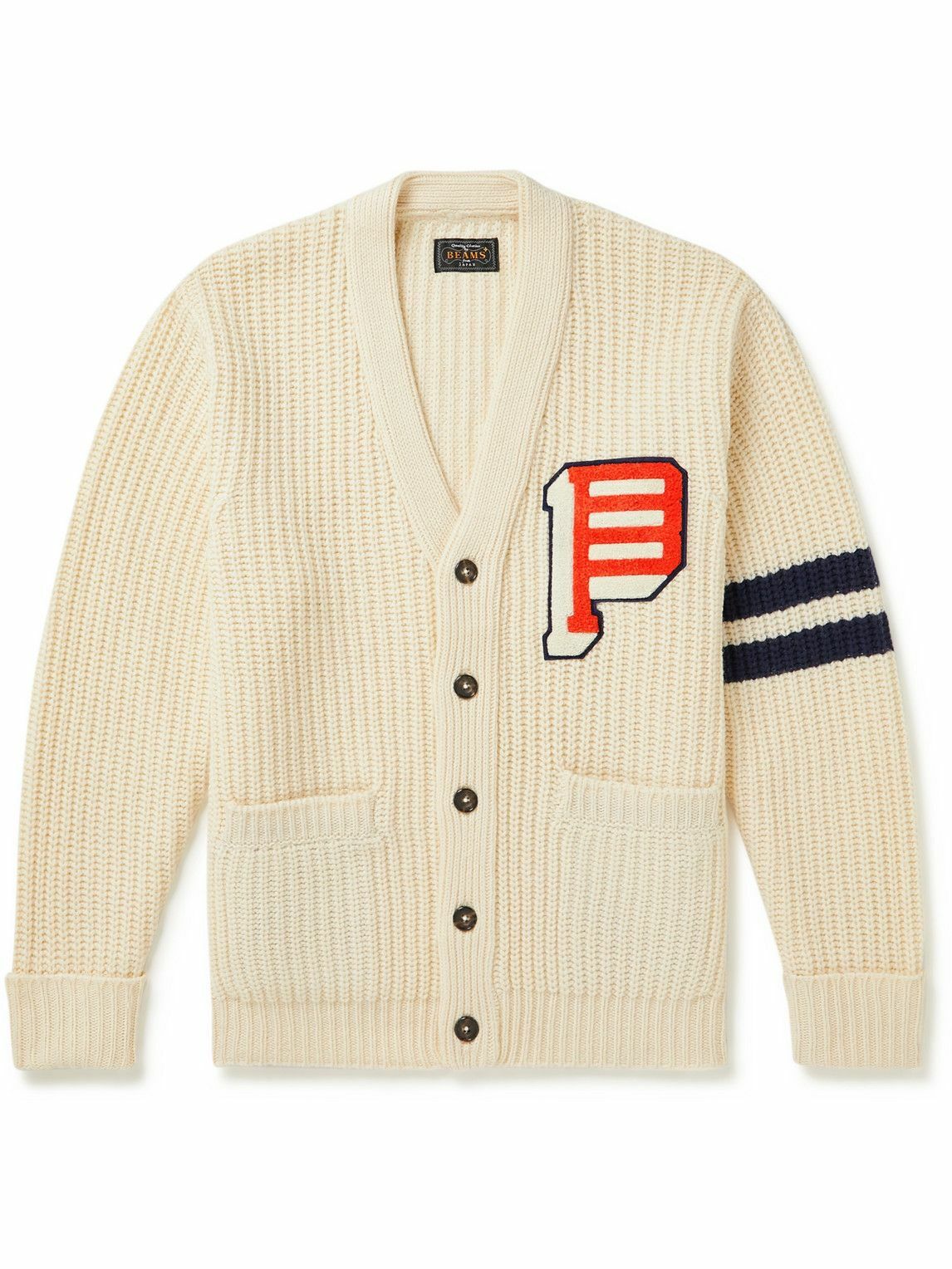Beams Plus - Logo-Appliquéd Ribbed Wool-Blend Cardigan - Neutrals Beams ...