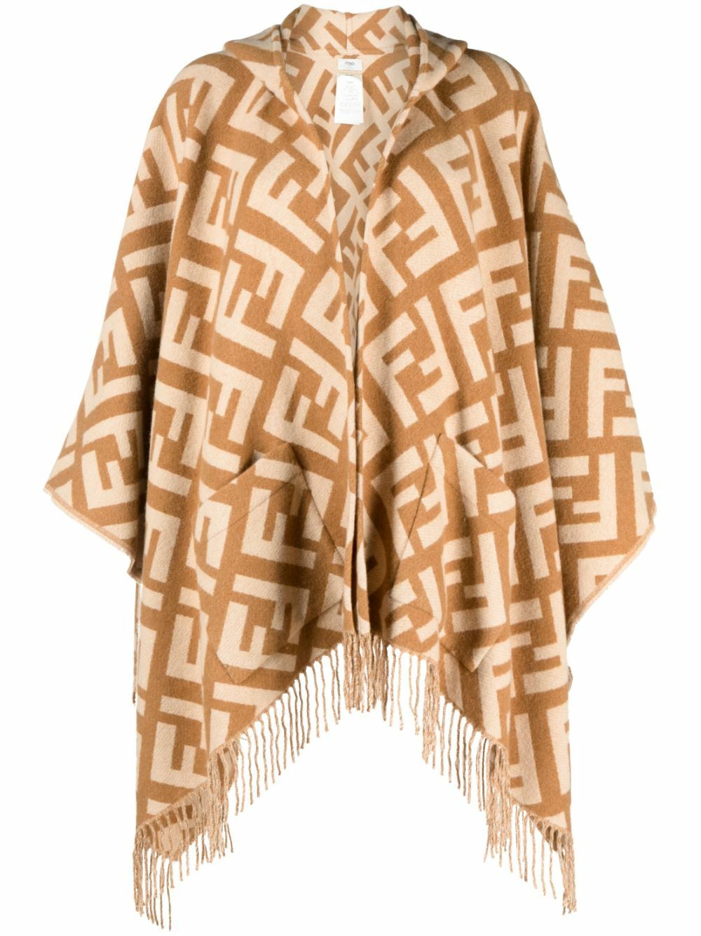 FENDI Brown FF Logo Fringed Cashmere Poncho Fendi