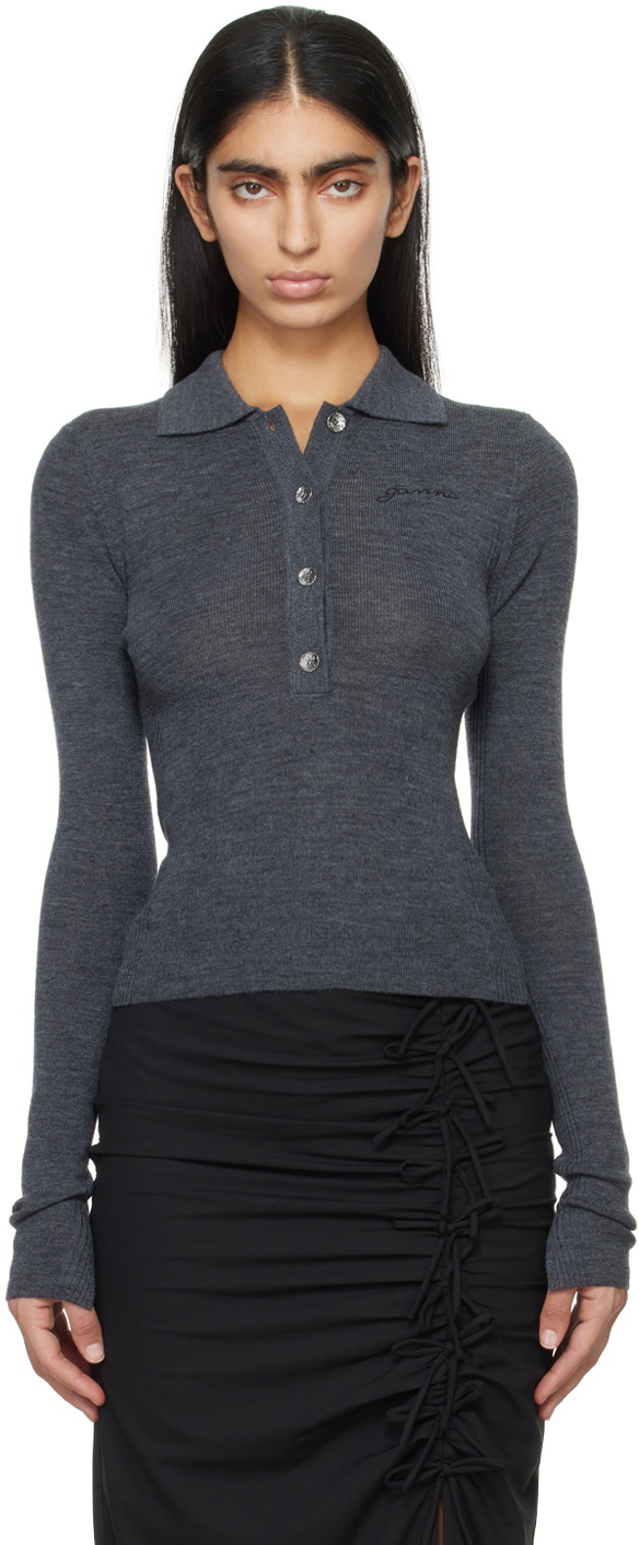 GANNI Gray Ribbed Polo GANNI