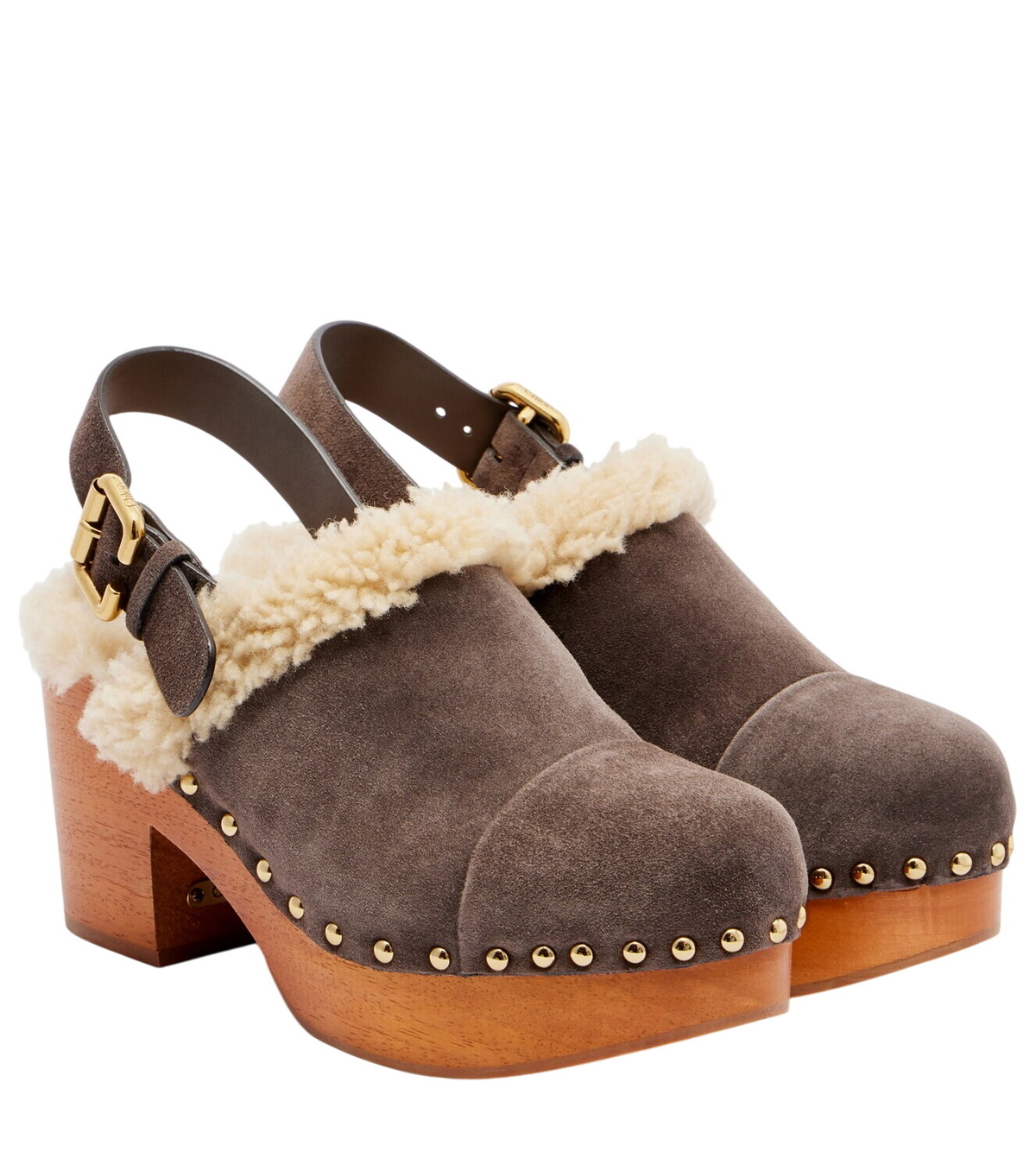 Chloé Jeannette shearling-trimmed suede wedge clogs Chloe