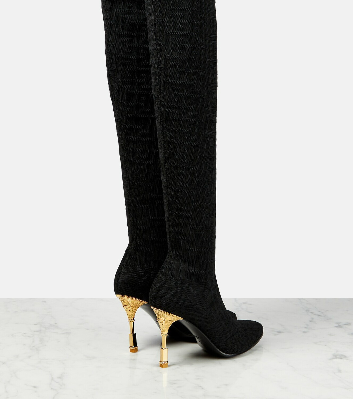 Balmain - Moneta monogram mesh over-the-knee boots Balmain