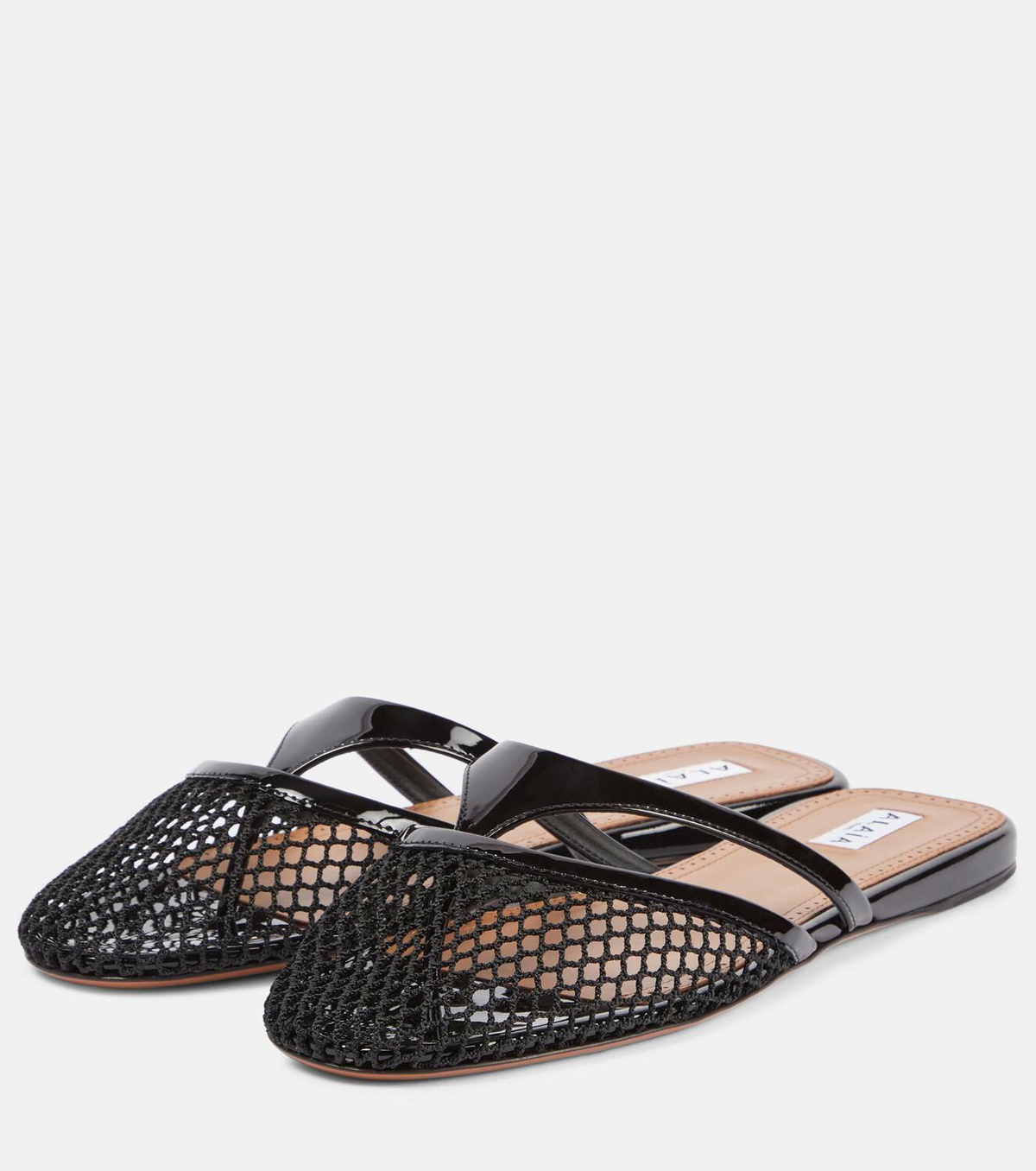 Alaïa Infradito fishnet leather-trimmed mules ALAÏA