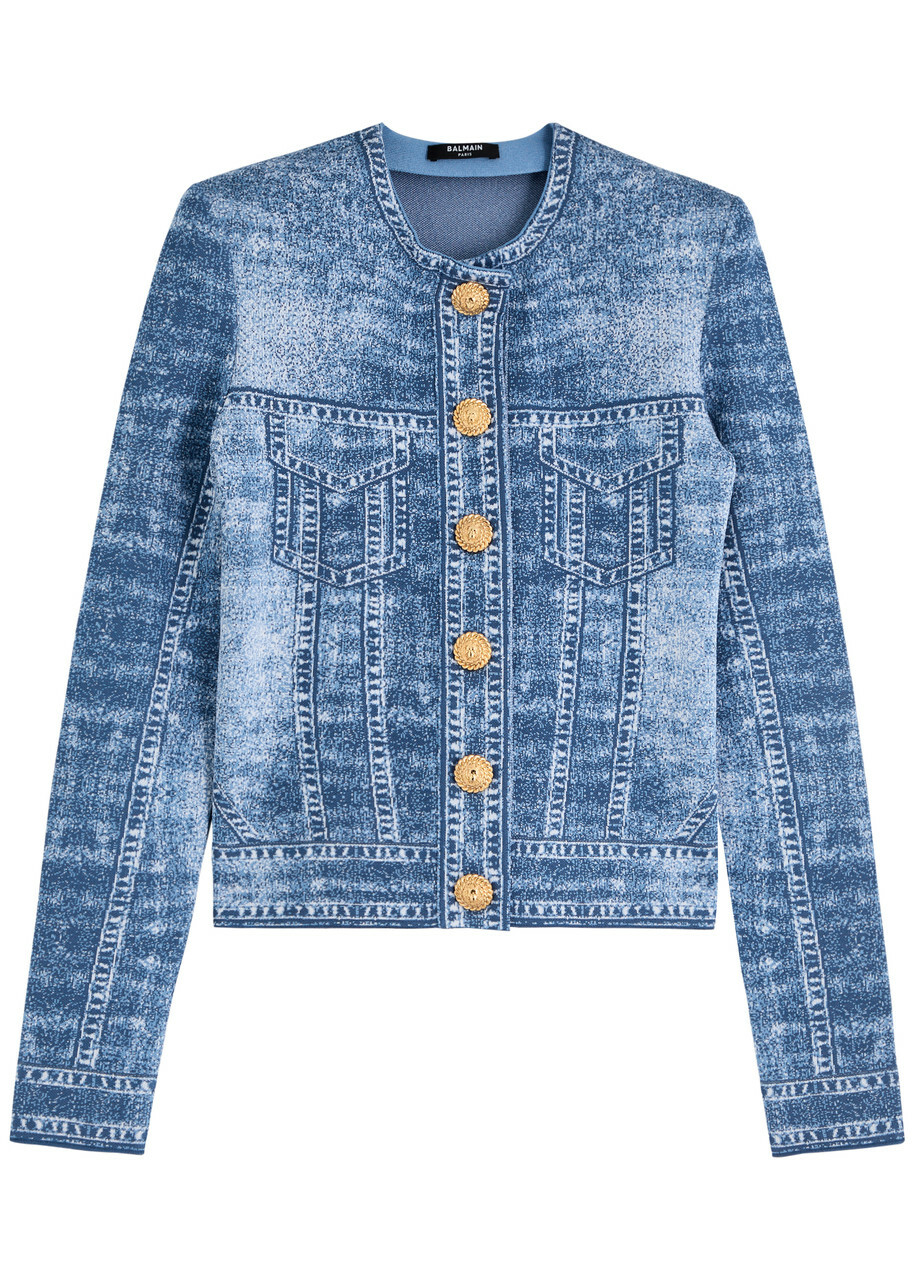 Balmain Denim-intarsia Knitted Cardigan Balmain