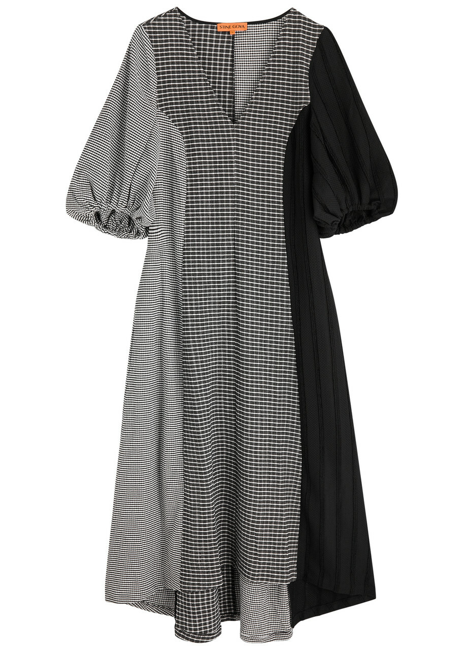 Stine Goya Patchwork Printed Smocked Midi Dress Black And White Stine Goya