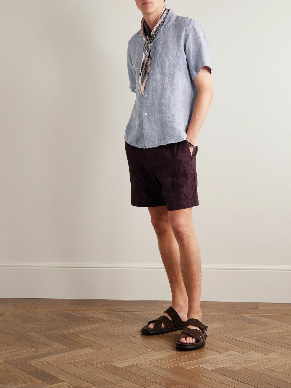Hartford - Palm Mc Pat Convertible-Collar Slub Linen Shirt - Blue Hartford
