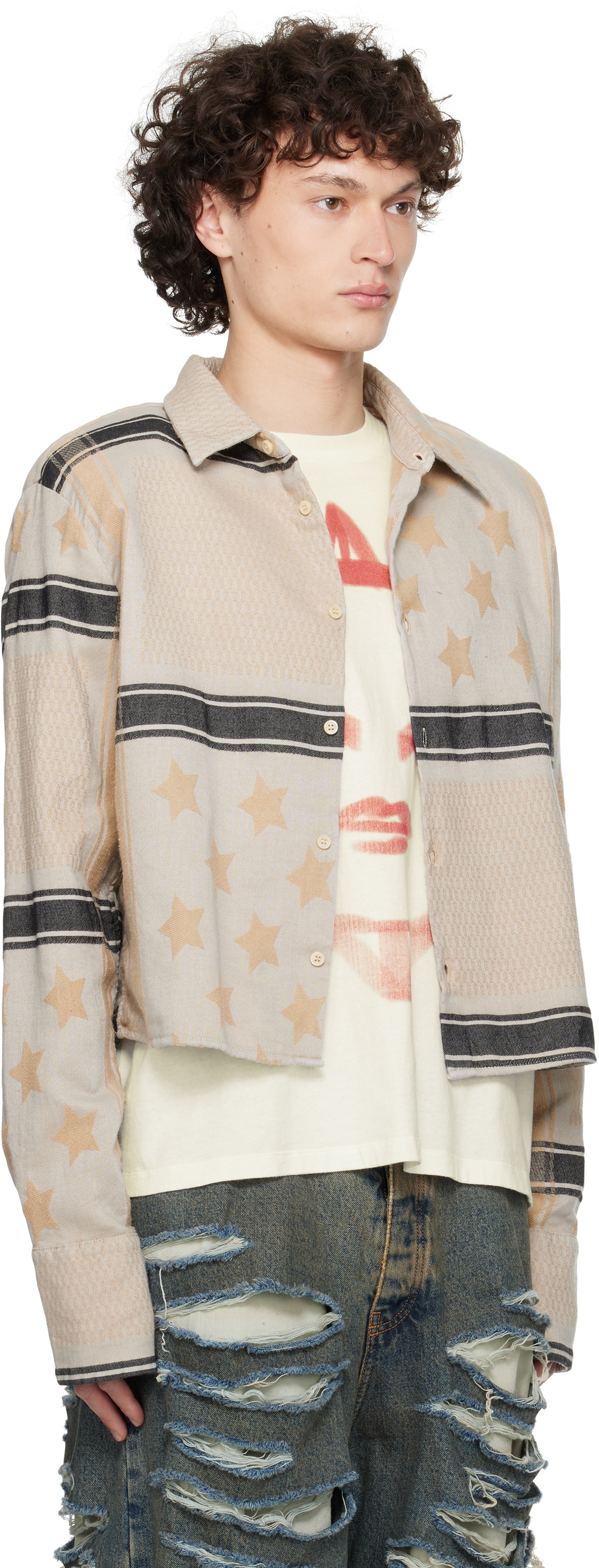 424 Beige Cropped Shoulder Pad Shirt 424