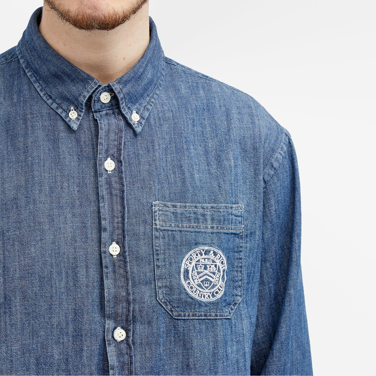 Sporty & Rich Men's Conneticut Crest Denim Shirt in Blue Sporty & Rich