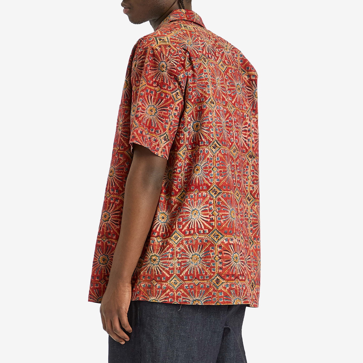 Beams Plus Men's Open Collar Block Print Flower Shirt in Red Beams Plus
