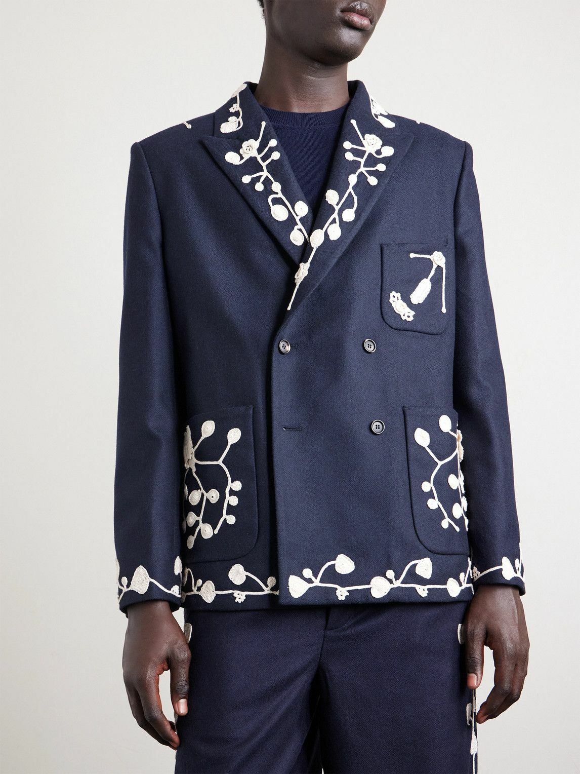 BODE - Snowdrop Double-Breasted Appliquéd Wool-Blend Suit Jacket - Blue ...