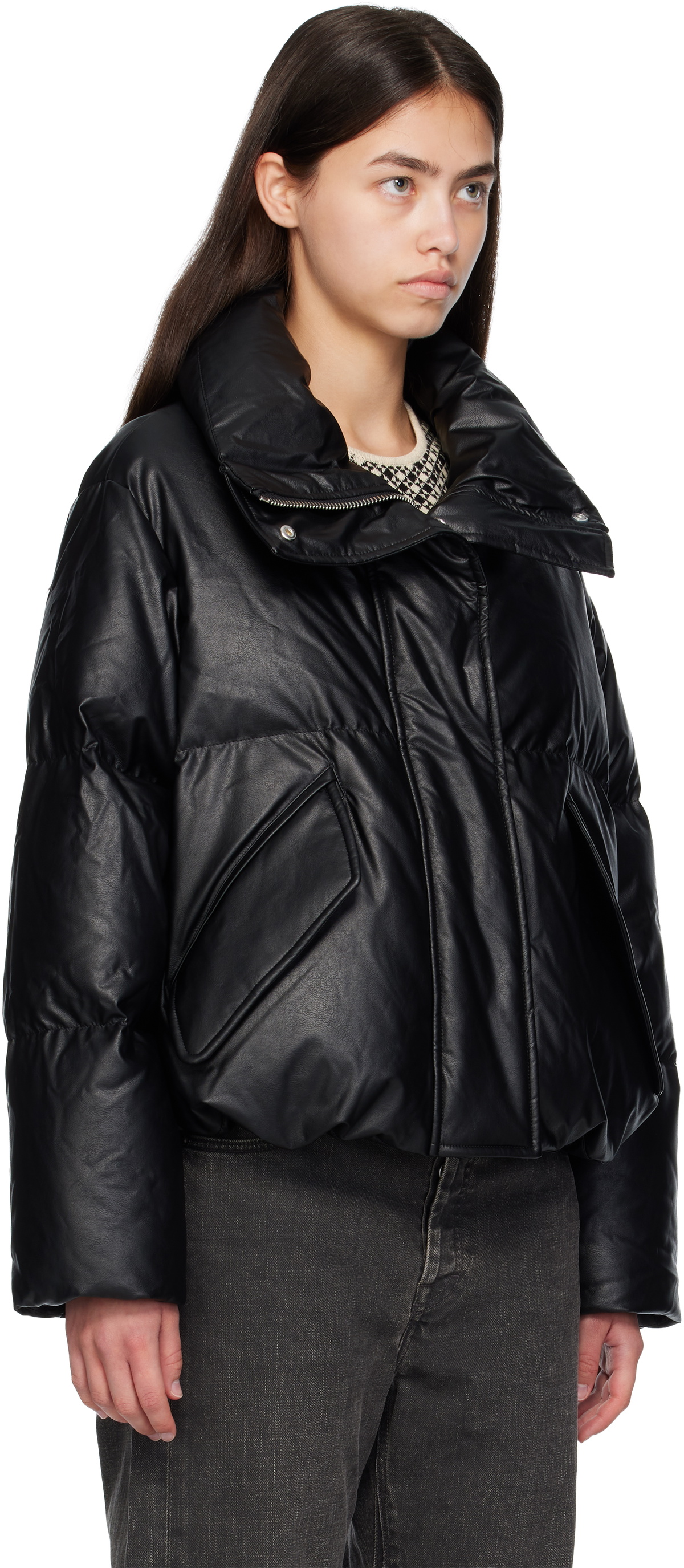 MM6 Maison Margiela Black Zip Faux-Leather Down Jacket MM6 Maison Margiela