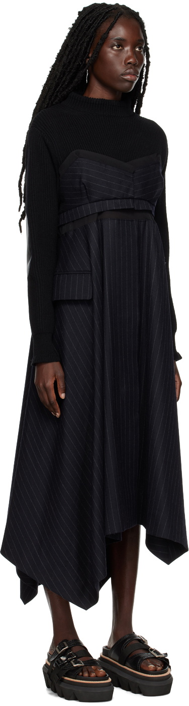 sacai Black & Navy Chalk Stripe Midi Dress Sacai
