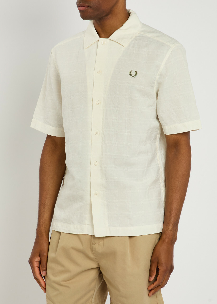 Fred Perry Checked-jacquard Linen-blend Shirt Ecru Fred Perry