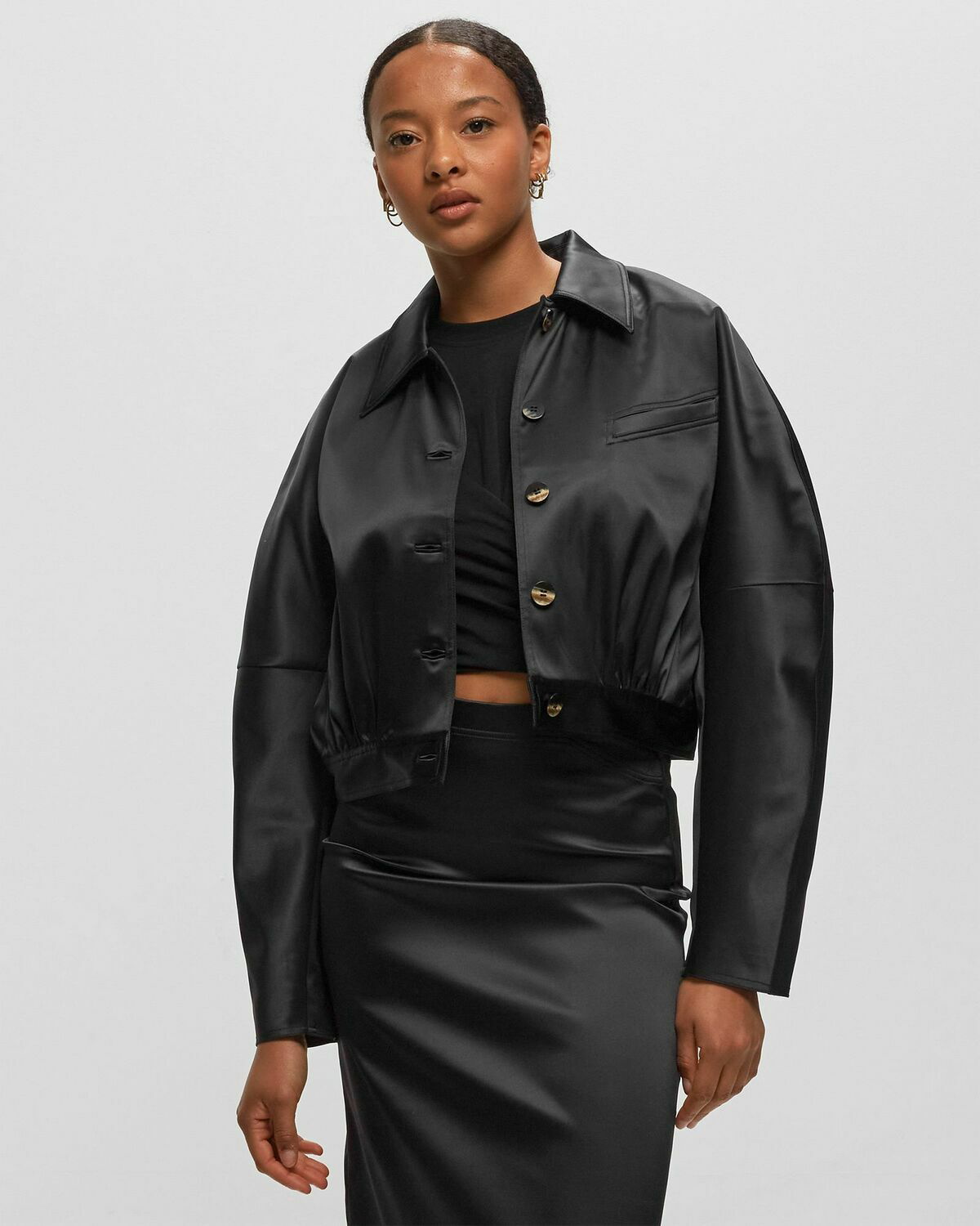 Ganni Double Satin Short Jacket Black Bomber Jackets GANNI