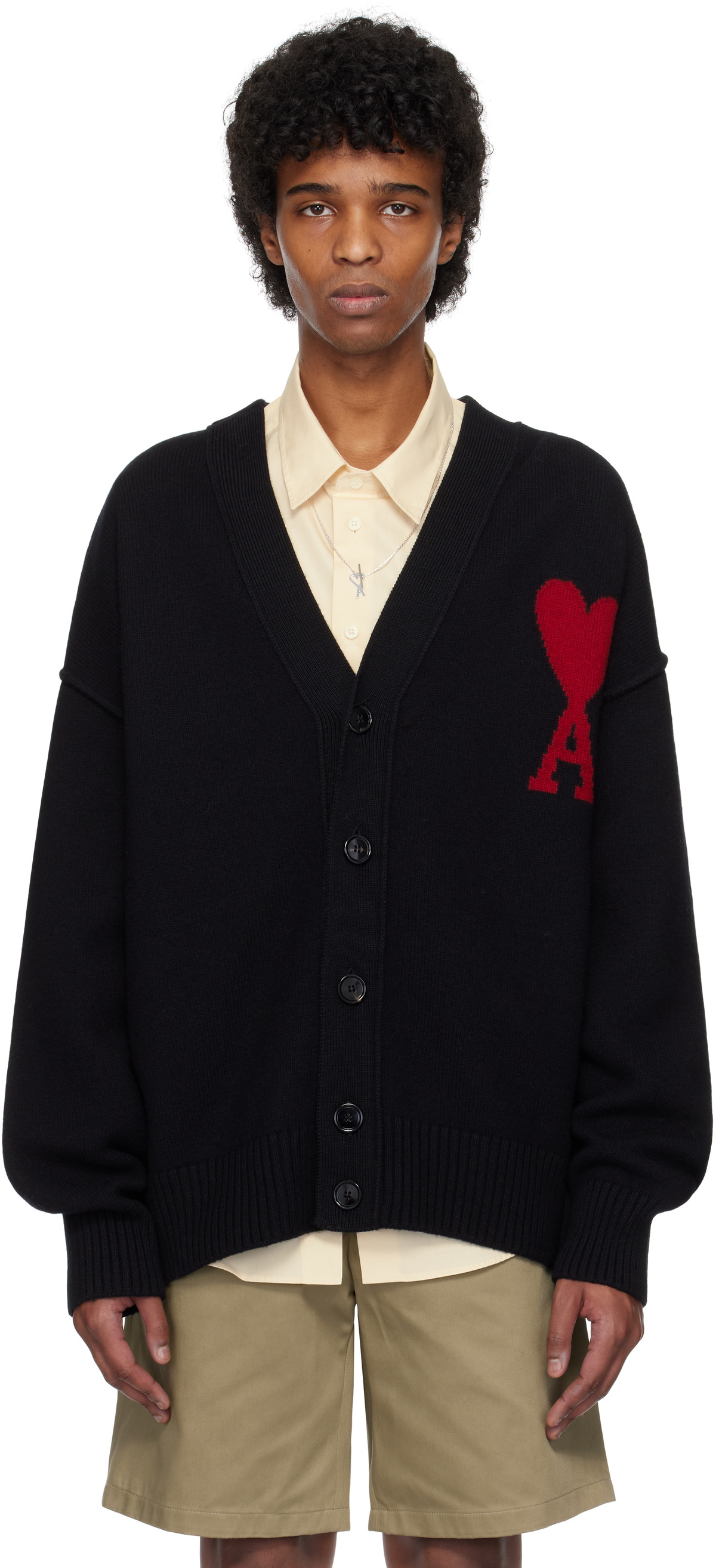 AMI Paris Black Wool Ami de Coeur Cardigan AMI