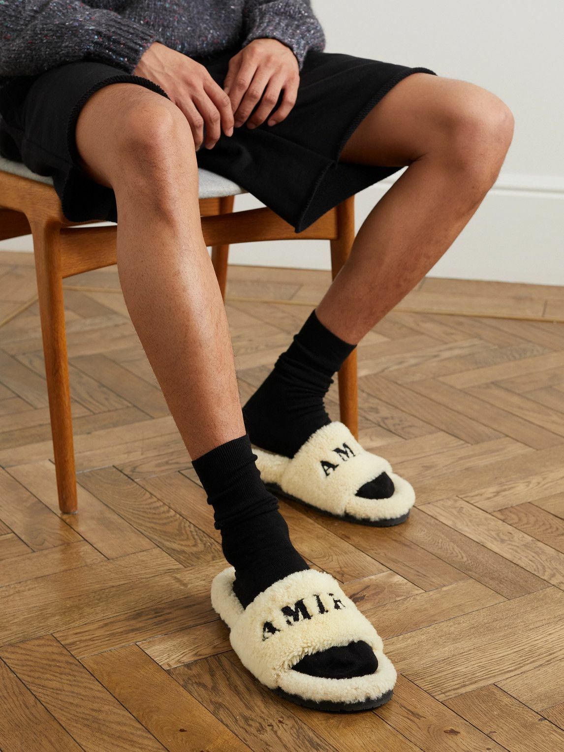 AMIRI - Logo-Embroidered Shearling Slippers - Neutrals Amiri