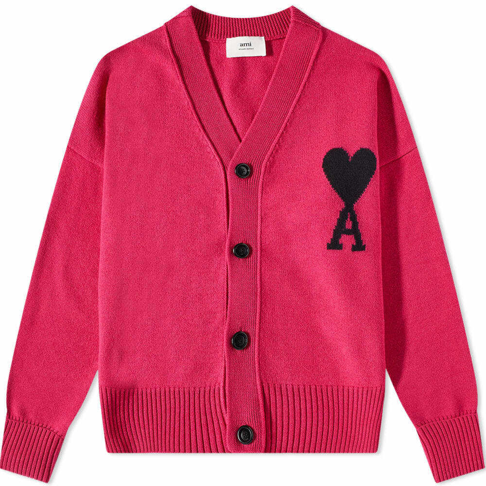AMI Men's Large A Heart Cardigan in Neon Fuchsia/Black AMI