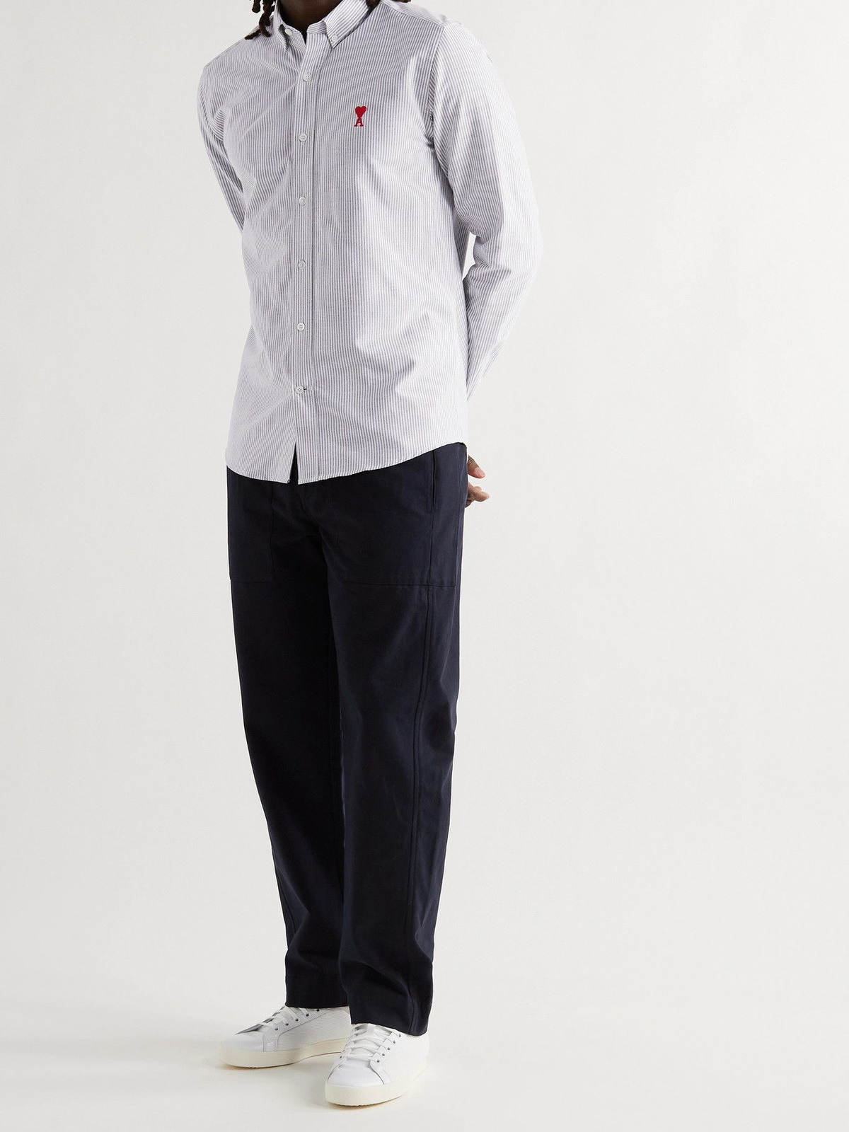 AMI PARIS - Button-Down Collar Logo-Appliquéd Striped Cotton Oxford ...