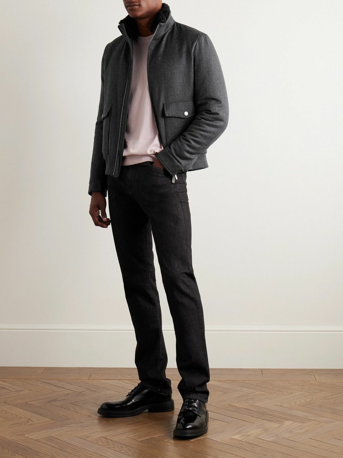 Canali - Shearling-Trimmed Padded Wool-Flannel Bomber Jacket - Gray Canali