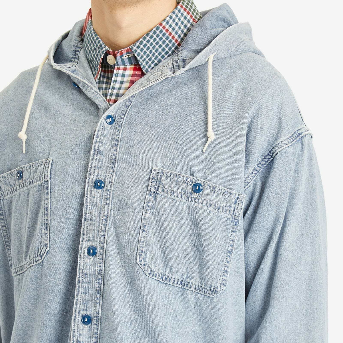 BEAMS Men's Chambray Hooded Shirt in Light Indigo Beams Boy