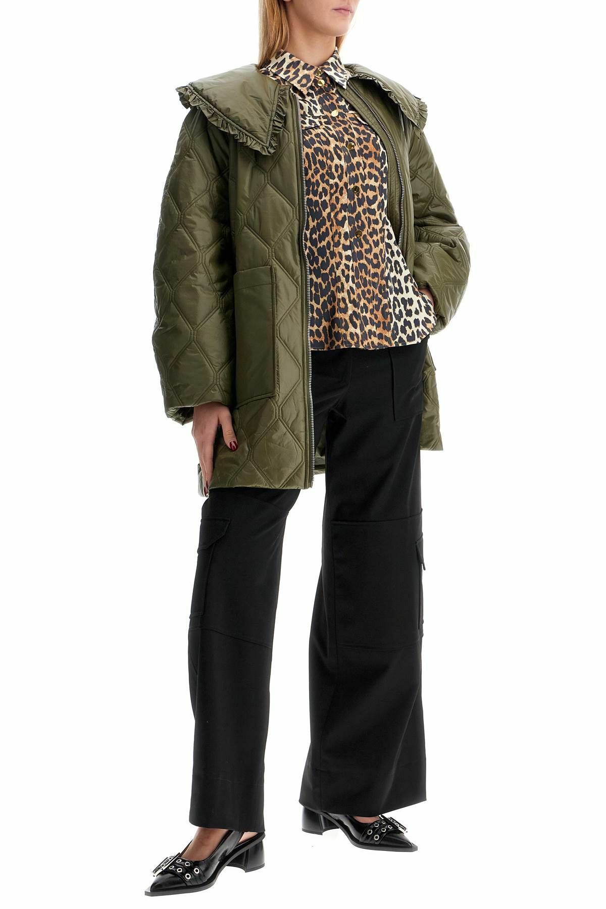 GANNI lightweight down jacket with oversized collar Green GANNI