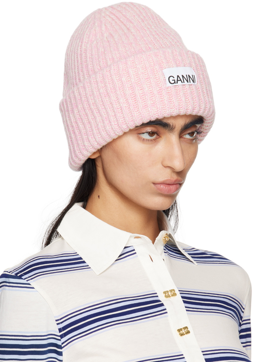 GANNI Pink Oversized Wool Rib Knit Beanie GANNI