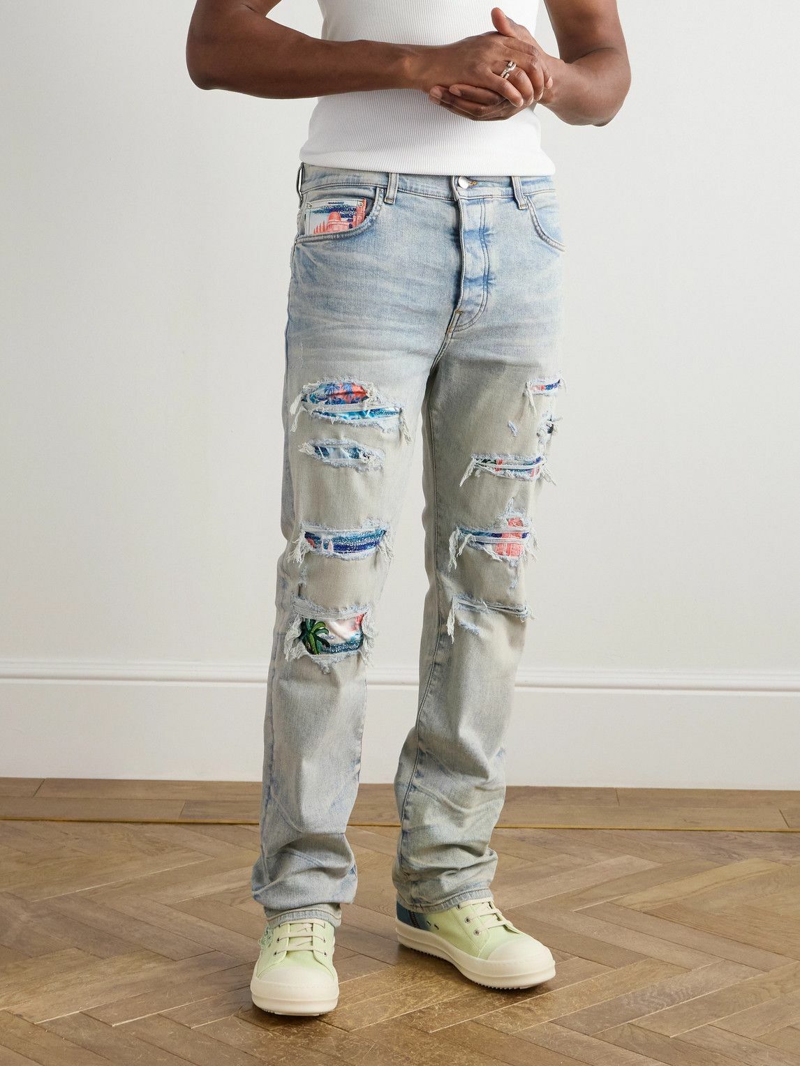 AMIRI - Aloha Thrasher Skinny-Fit Distressed Embellished Panelled Jeans ...