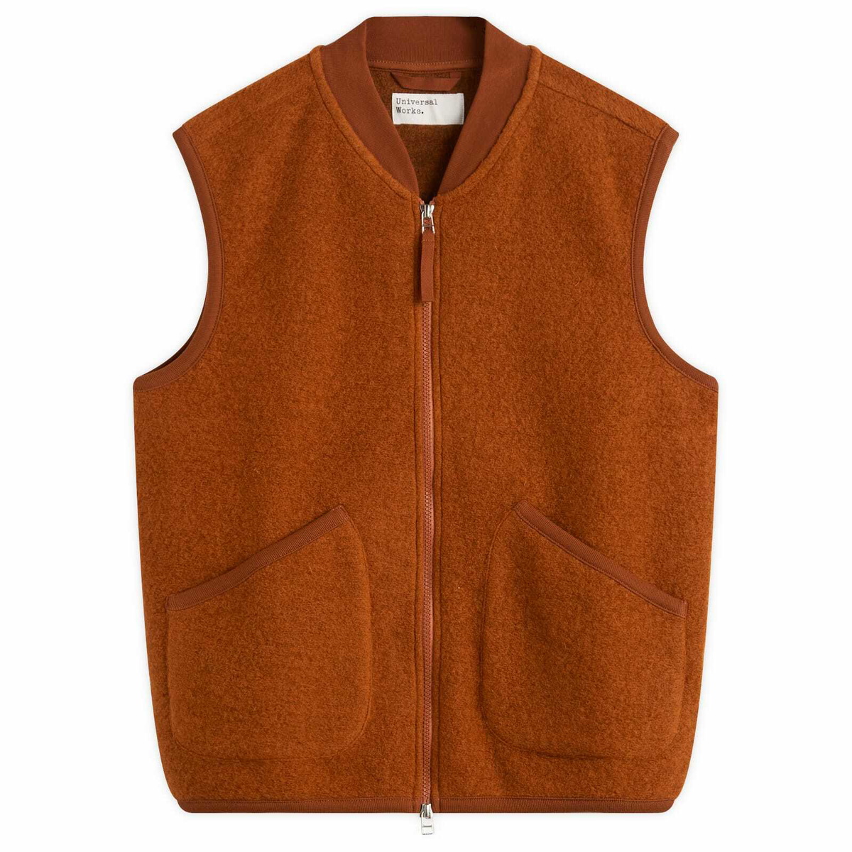 Universal Works Men's Wool Fleece Zip Waistcoat in Rust Universal Works