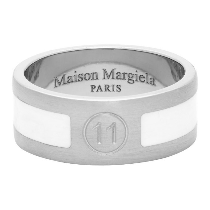 Maison Margiela Silver and White Enameled Logo Ring Maison Margiela