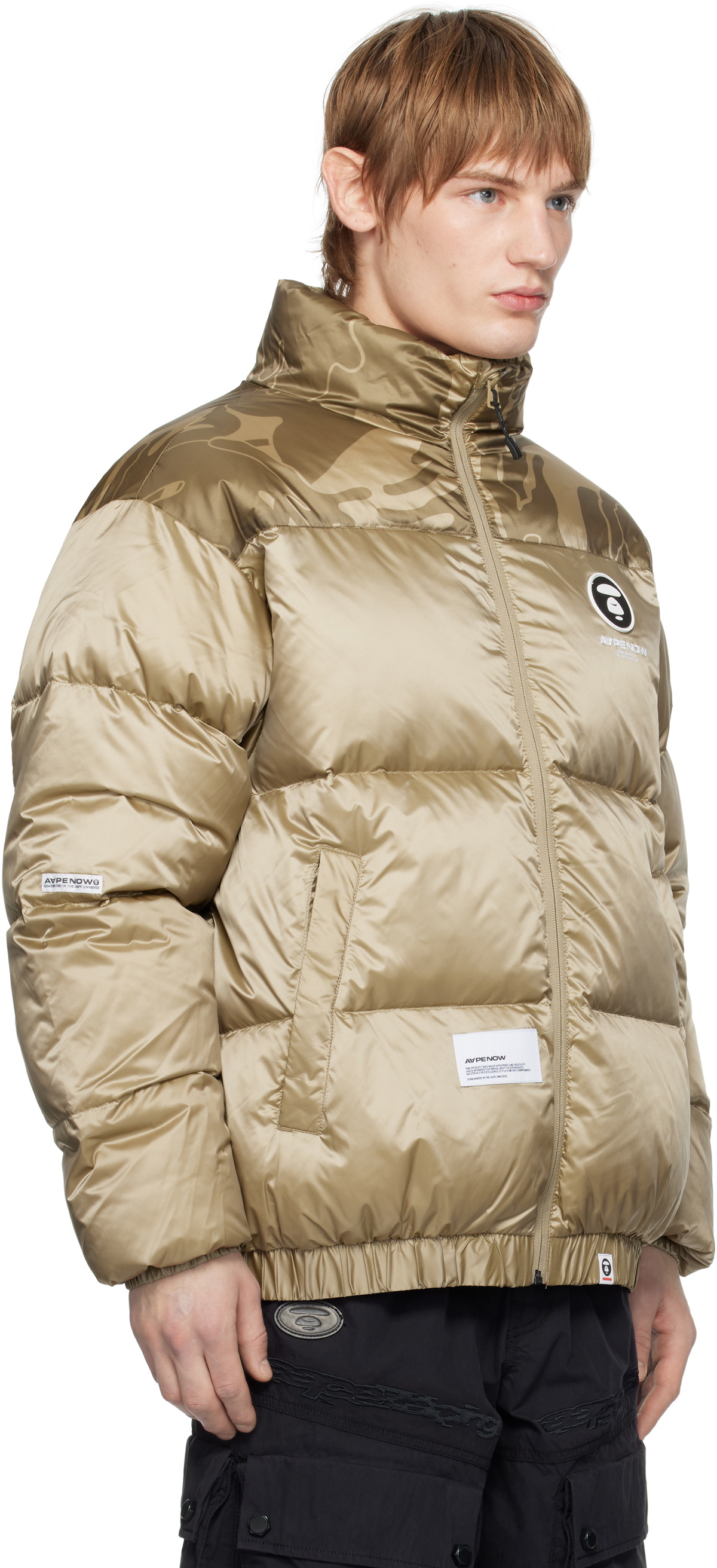 AAPE by A Bathing Ape Beige 'AAPE NOW' Moonface Logo Zip-Up Down Jacket ...