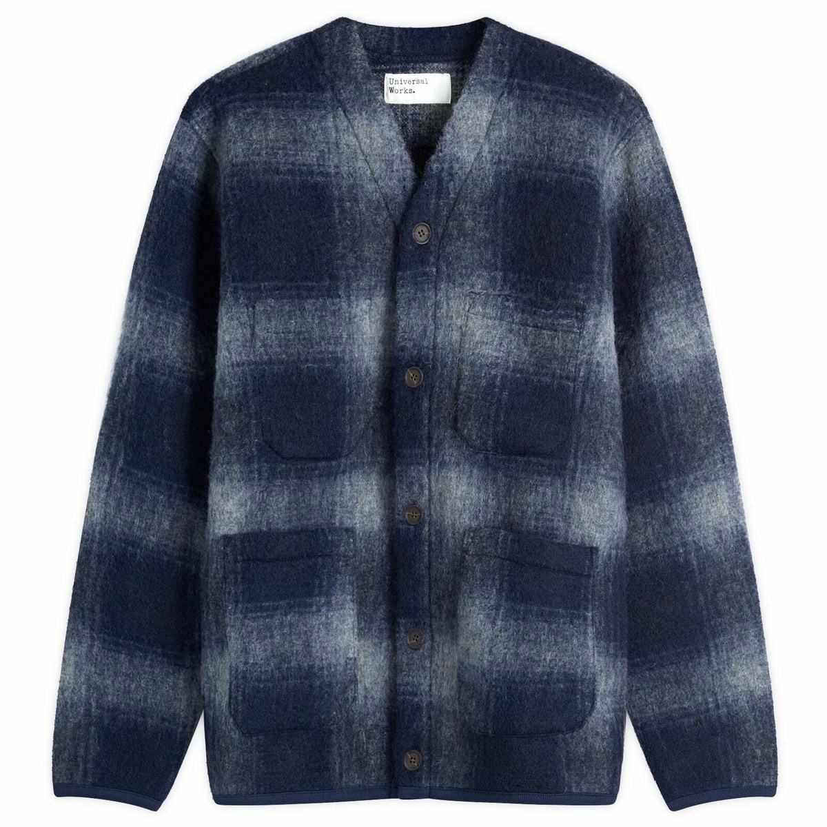 Universal Works Men's Check Wool Fleece Cardigan in Navy/Grey Universal ...