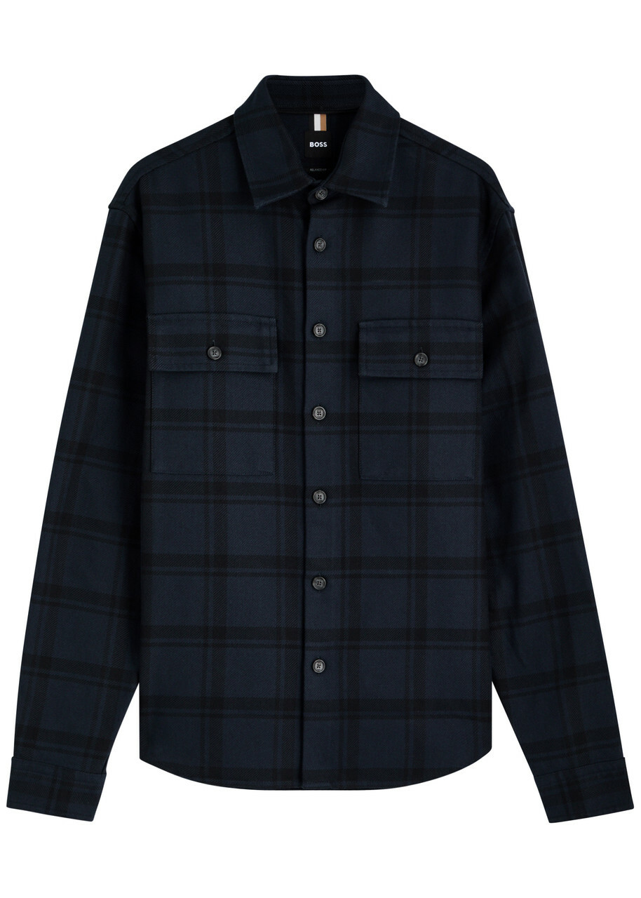 Boss Owen Checked Cotton Overshirt Navy BOSS