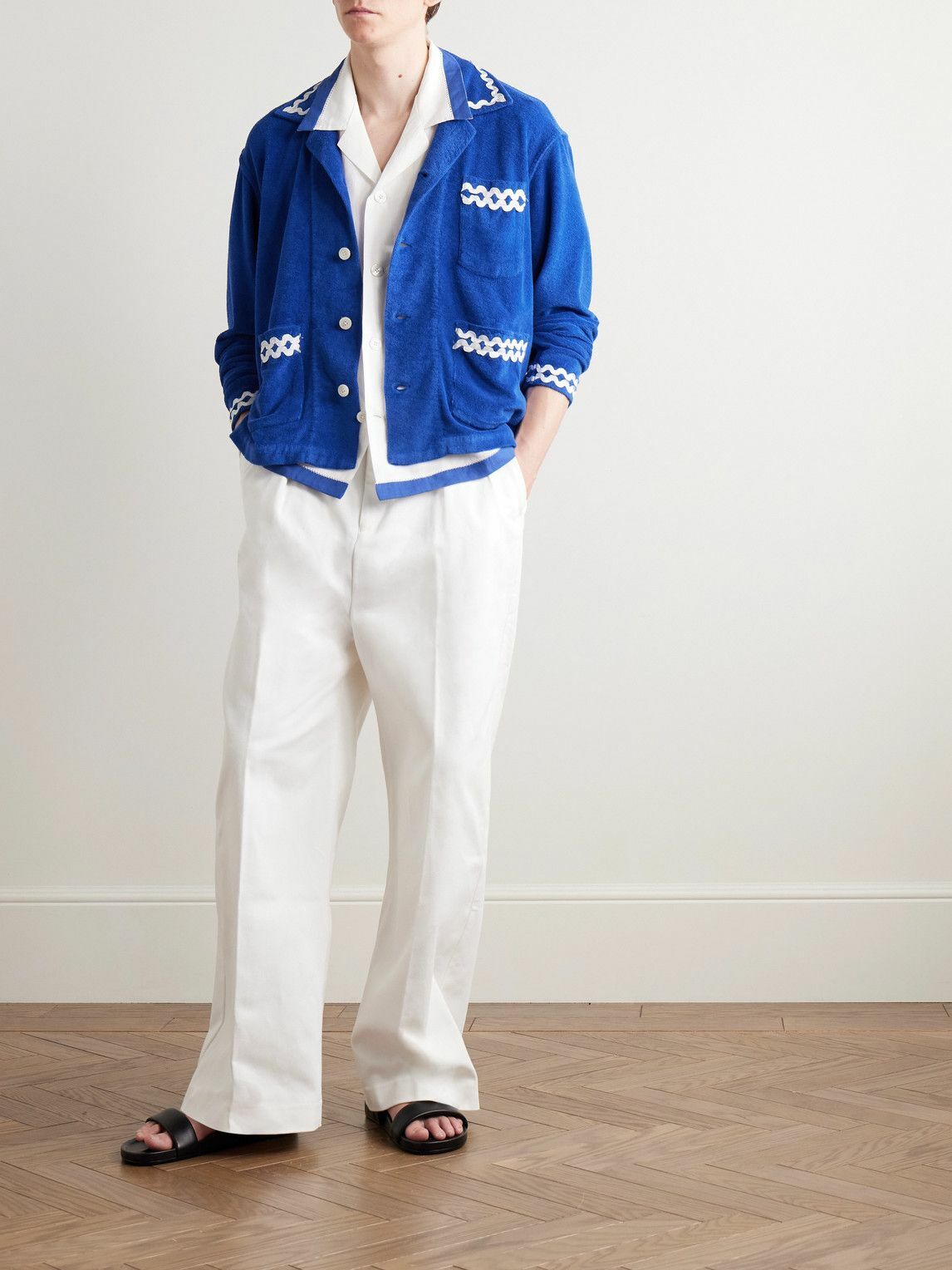 BODE - Camp-Collar Grosgrain-Trimmed Cotton-Terry Overshirt - Blue Bode