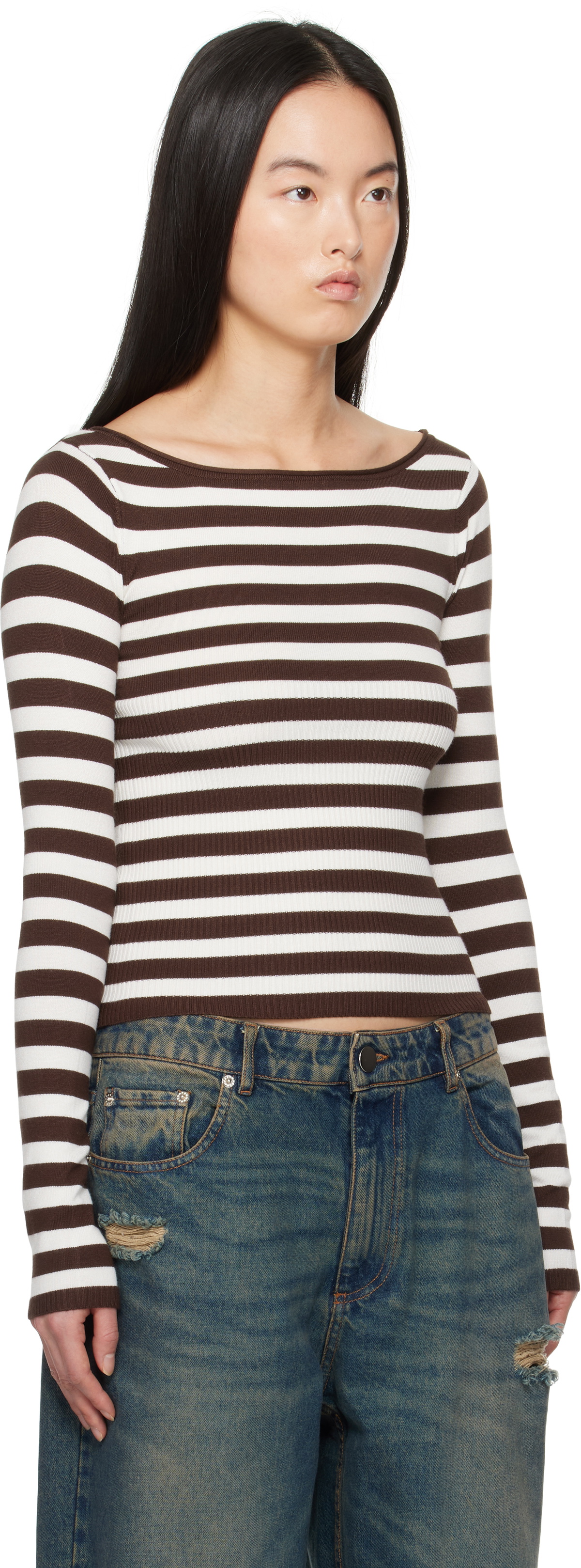 Frankies Bikinis Brown & Off-White Theo Striped Knit Sweater Frankies ...