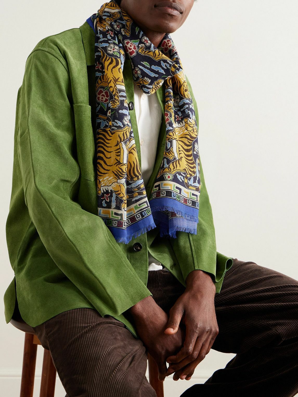 Drake's - Frayed Printed Wool and Silk-Blend Scarf Drake's